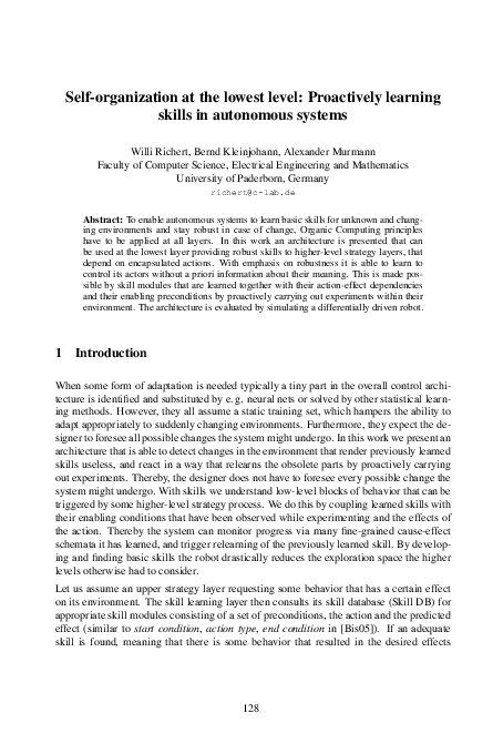 (PDF) Self-organization at the lowest level: Proactively learning skills in autonomous systems