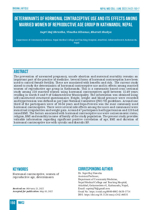 (PDF) Determinants of hormonal contraceptive use and its effects among ...