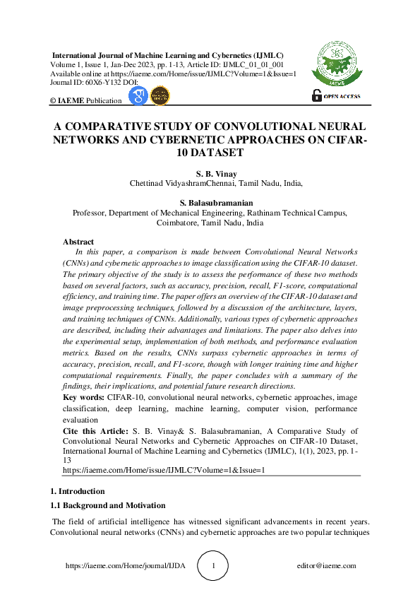 (PDF) A COMPARATIVE STUDY OF CONVOLUTIONAL NEURAL NETWORKS AND CYBERNETIC APPROACHES ON CIFAR10 ...