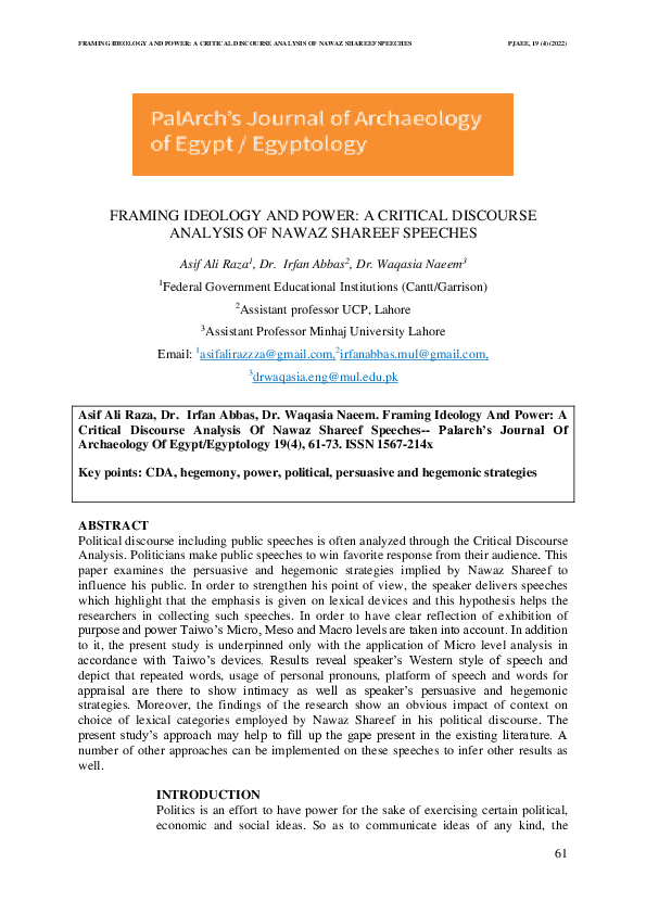 Pdf Framing Ideology And Power A Critical Discourse Analysis Of Nawaz Shareef Speeches