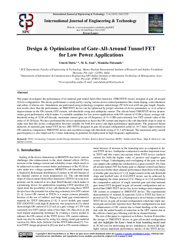 (PDF) Design & Optimization of Gate-All-Around Tunnel FET for Low Power Applications