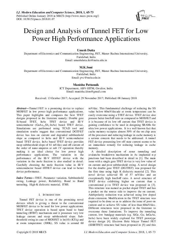 (PDF) Design and Analysis of Tunnel FET for Low Power High Performance Applications