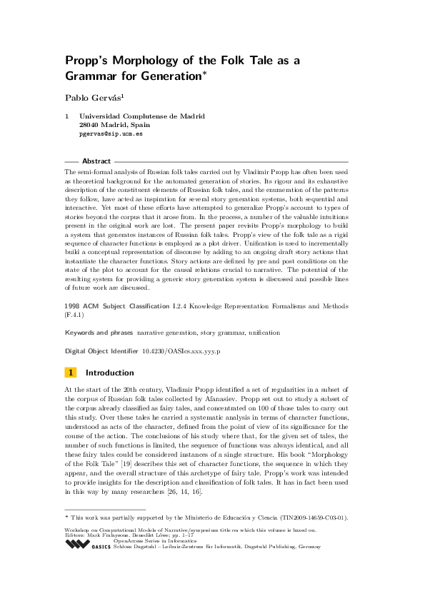 (PDF) Propp's morphology of the folk tale as a grammar for generation