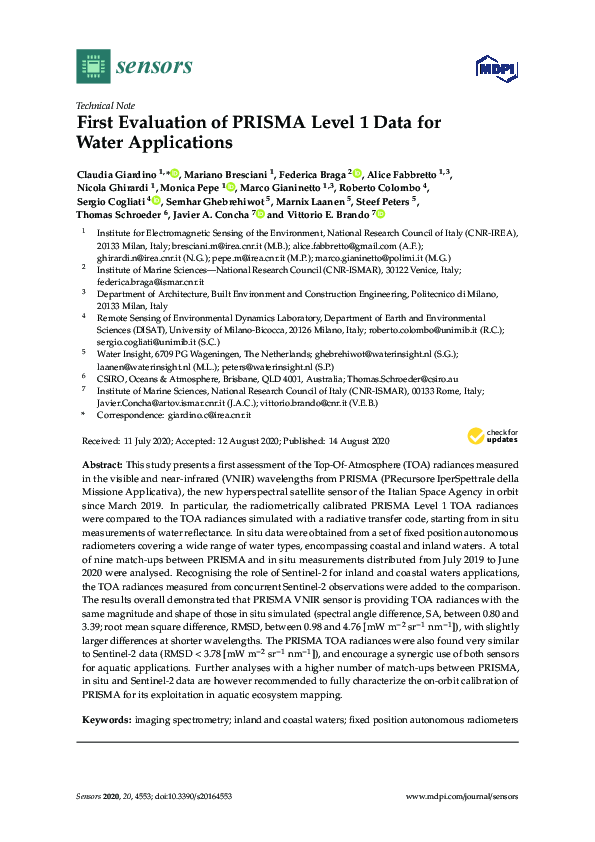 (PDF) First Evaluation of PRISMA Level 1 Data for Water Applications