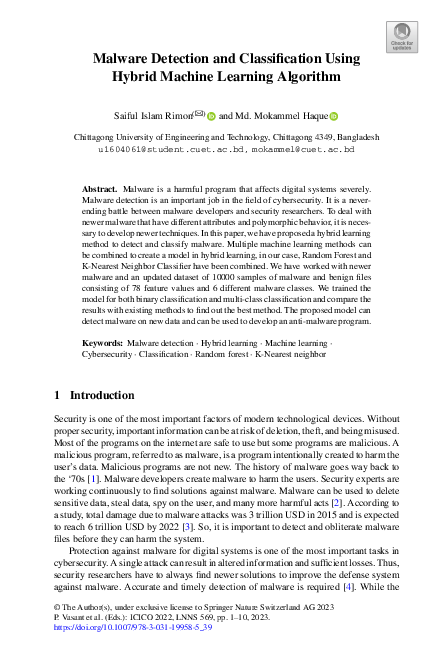 Pdf Malware Detection And Classification Using Hybrid Machine Learning Algorithm