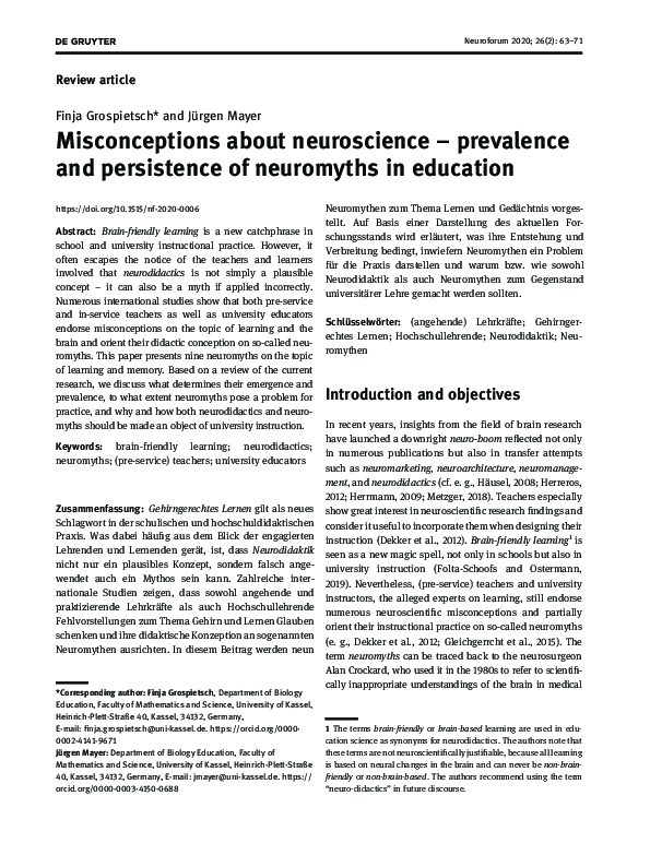 (PDF) Misconceptions about neuroscience – prevalence and persistence of neuromyths in education