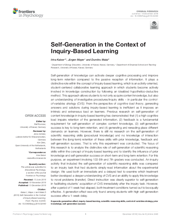 (PDF) Self-Generation in the Context of Inquiry-Based Learning