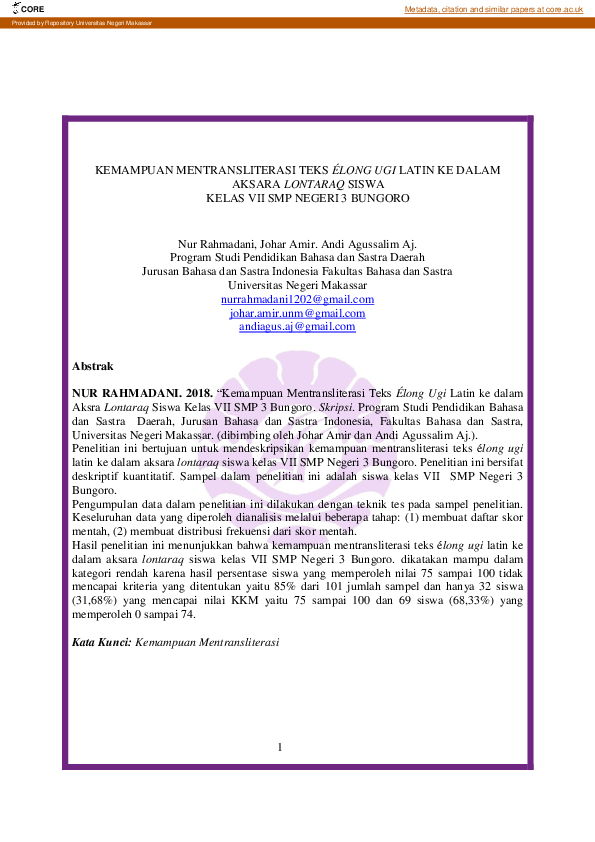 (PDF) Kemampuan Mentransliterasi Teks Élong Ugi Latin Ke Dalam Aksara Lontaraq Siswa Kelas VII ...