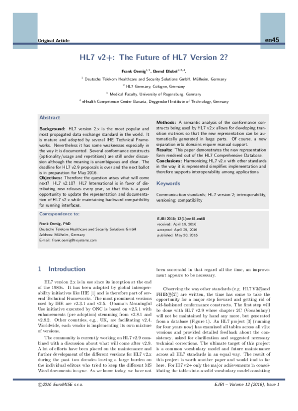 (PDF) HL7 v2+: The Future of HL7 Version 2? | Frank Oemig - Academia.edu