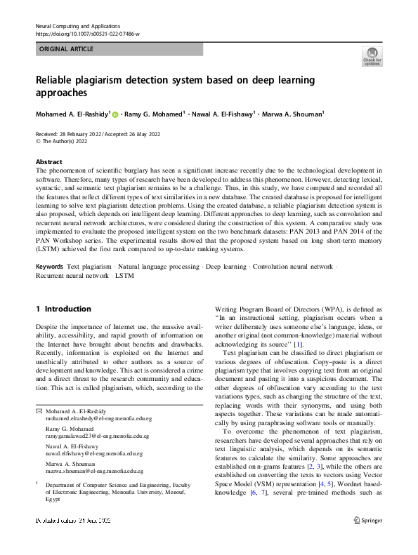 (PDF) Reliable plagiarism detection system based on deep learning approaches