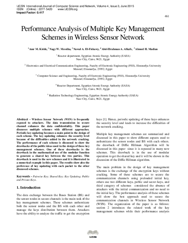 (PDF) Performance Analysis of Multiple Key Management Schemes in Wireless Sensor Network | Nawal ...
