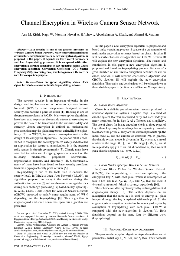 (PDF) Channel Encryption in Wireless Camera Sensor Network