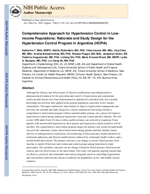 (PDF) Comprehensive Approach for Hypertension Control in Low-Income ...