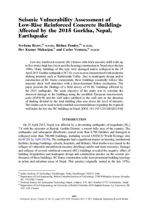 Pdf Seismic Vulnerability Assessment Of Low Rise Reinforced Concrete Buildings Affected By The