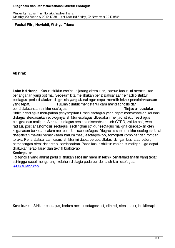 (PDF) Diagnosis dan Penatalaksanaan Striktur Esofagus