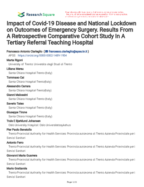 (PDF) Impact of Covid-19 Disease and National Lockdown on Outcomes of ...