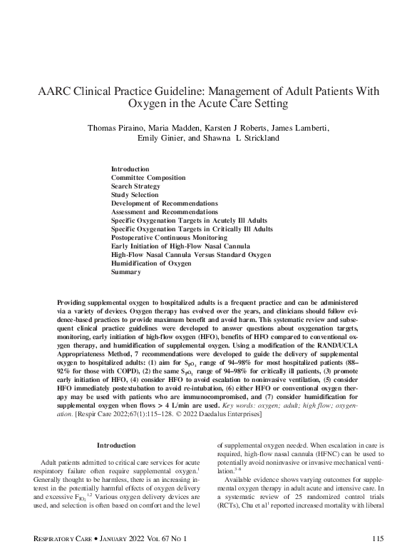 (PDF) AARC Clinical Practice Guideline: Management of Adult Patients With Oxygen in the Acute ...