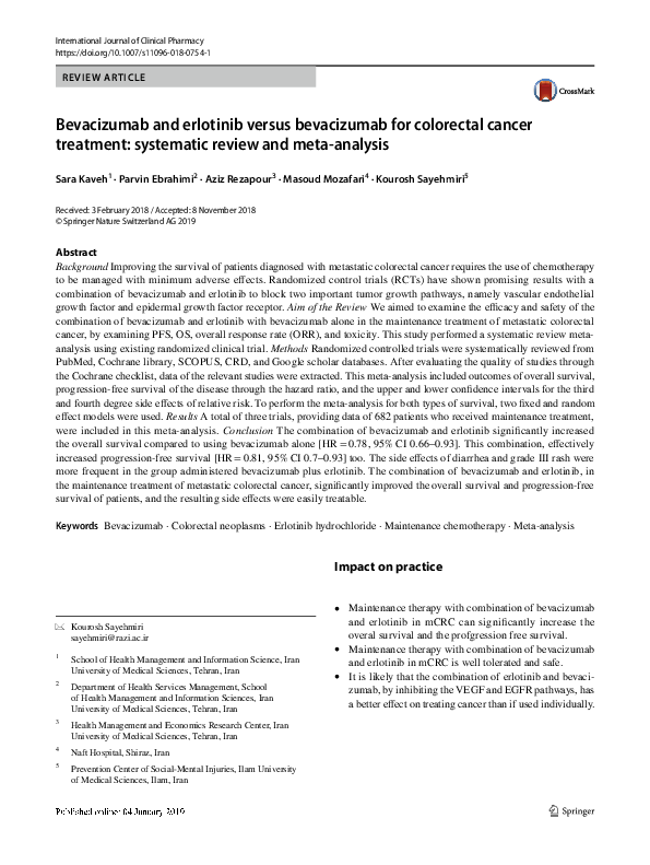 (PDF) Bevacizumab and erlotinib versus bevacizumab for colorectal cancer treatment: systematic ...