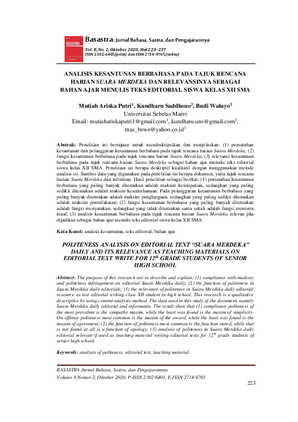 (PDF) Analisis Kesantunan Berbahasa Pada Tajuk Rencana Harian Suara Merdeka Dan Relevansinya ...