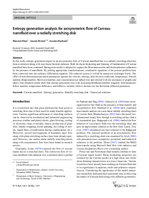(PDF) Entropy generation analysis for axisymmetric flow of carreau nanofluid over a horizontally ...