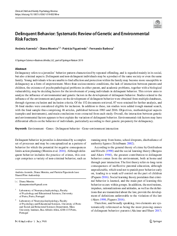 (PDF) Delinquent Behavior: Systematic Review of Genetic and ...
