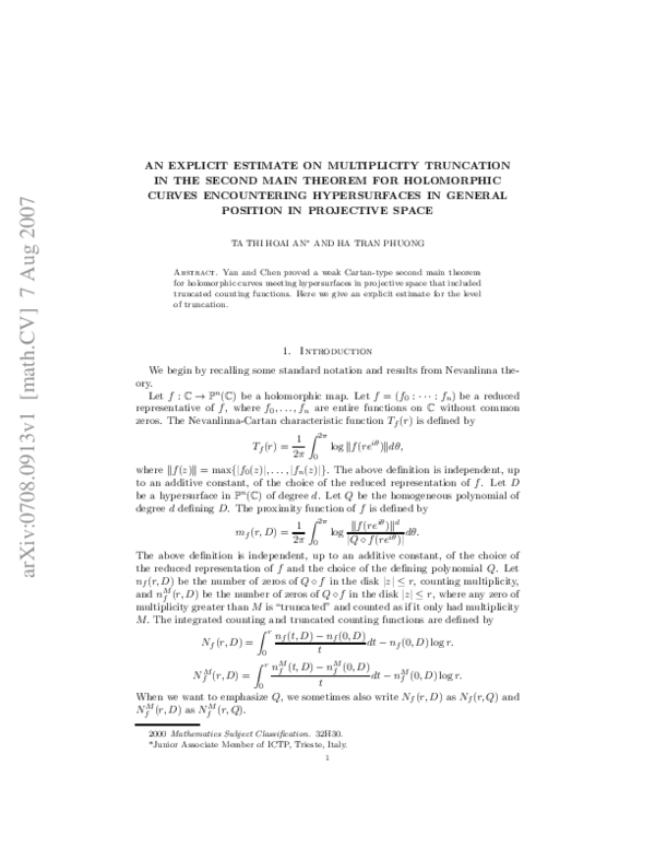 (PDF) An Explicit Estimate on Multiplicity Truncation In the Second Main Theorem for Holomorphic ...