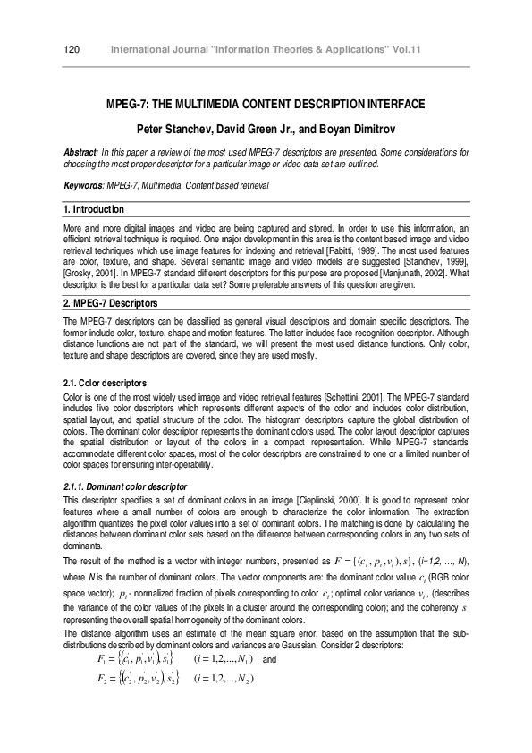(PDF) MPEG-7: Multimedia Content Description Interface | Peter L Stanchev - Academia.edu