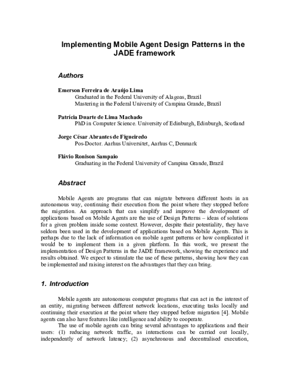 (PDF) Mobile Agent Design Patterns in JADE Framework