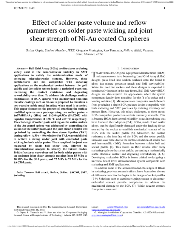 (PDF) Effect of Solder Paste Volume and Reflow Parameters on Solder Paste Wicking and Joint ...