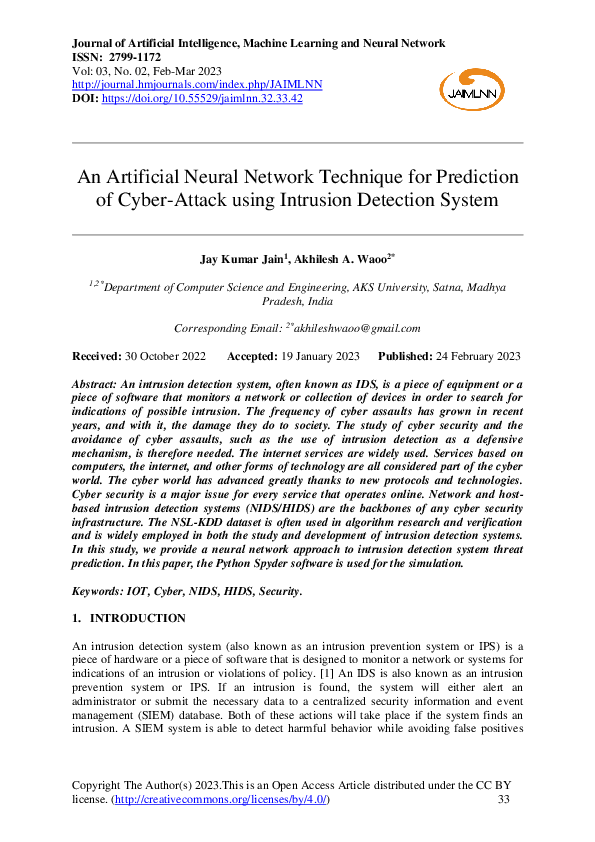 (PDF) An Artificial Neural Network Technique for Prediction of Cyber ... (PDF) An Artificial Neural Network Technique for Prediction of Cyber ...