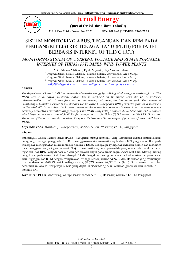 Pdf Sistem Monitoring Arus Tegangan Dan Rpm Pada Pembangkit Listrik Tenaga Bayu Pltb