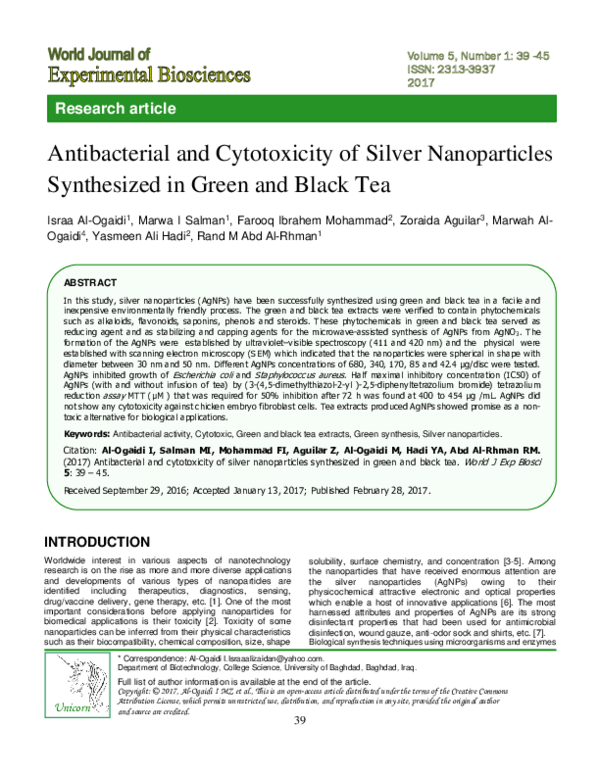 (PDF) Antibacterial and Cytotoxicity of Silver Nanoparticles Synthesized in Green and Black Tea ...
