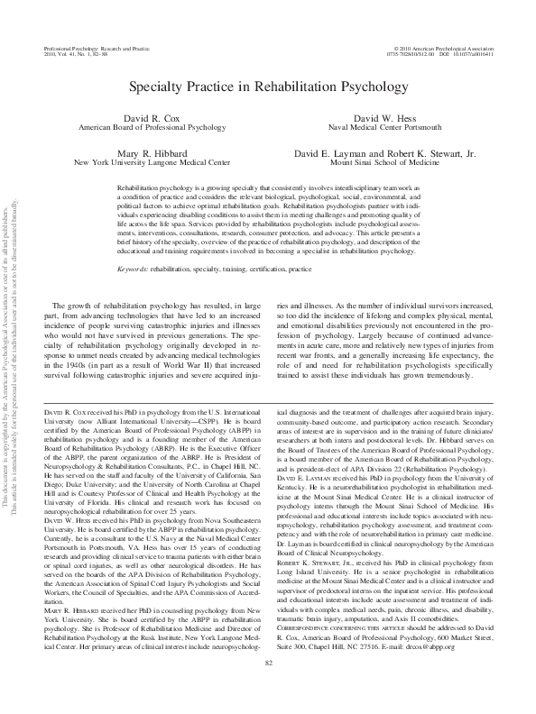 (PDF) Specialty practice in rehabilitation psychology