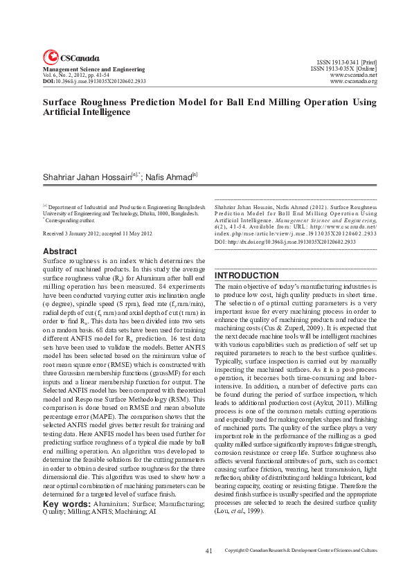 (PDF) Surface Roughness Prediction Model for Ball End Milling Operation Using Artificial ...