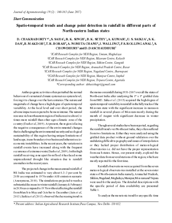 (PDF) Spatio-temporal trends and change point detection in rainfall in different parts of North ...