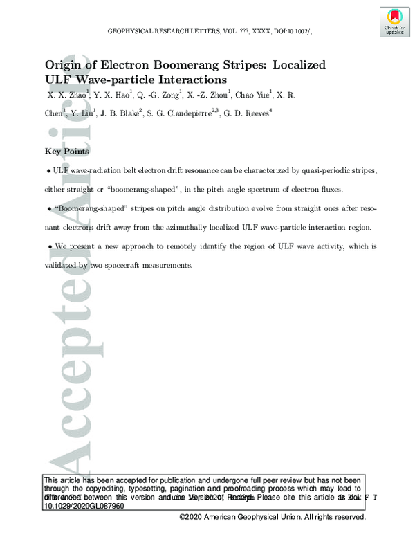 (PDF) Origin of Electron Boomerang Stripes: Localized ULF Wave‐Particle ...