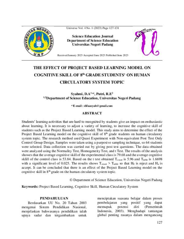 (PDF) THE EFFECT OF PROJECT BASED LEARNING MODEL ON COGNITIVE SKILL OF 8th GRADE STUDENTS’ ON ...