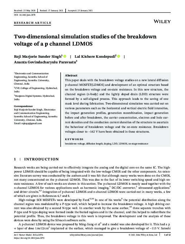 (PDF) Two‐dimensional simulation studies of the breakdown voltage of a p channel LDMOS