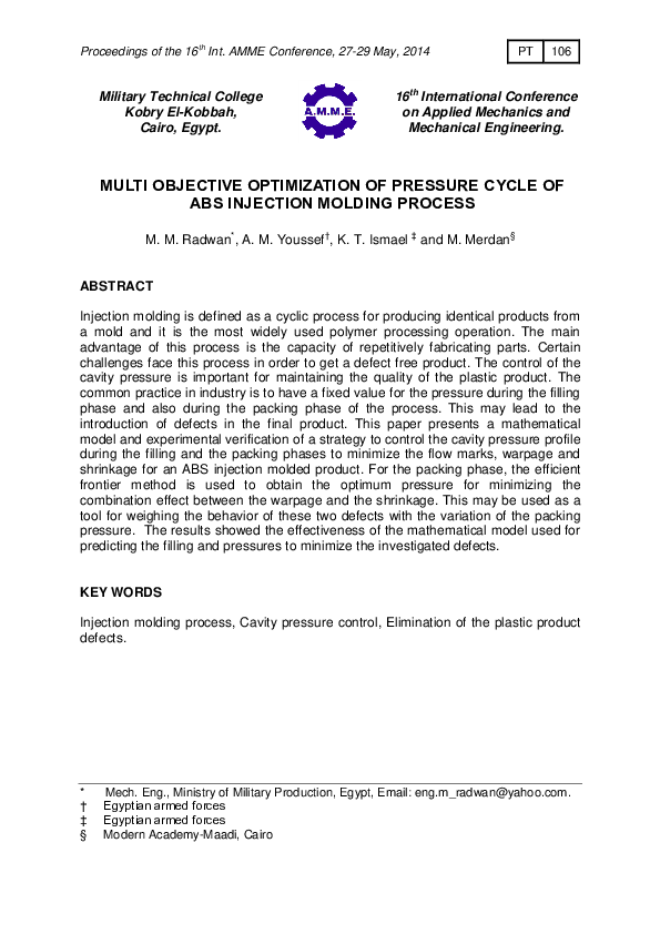 Pdf Multi Objective Optimization Of Pressure Cycle Of Abs Injection Molding Process 
