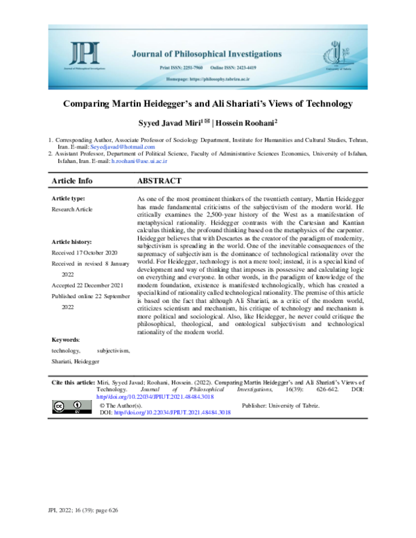 (PDF) Comparing Martin Heidegger's and Ali Shariati's Views of Technology