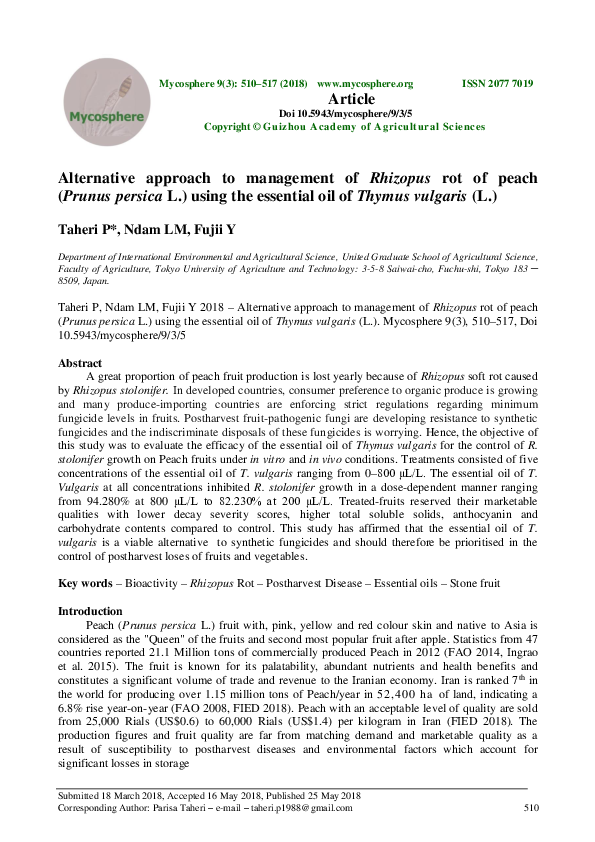 (PDF) Alternative approach to management of Rhizopus rot of peach (Prunus persica L.) using the ...