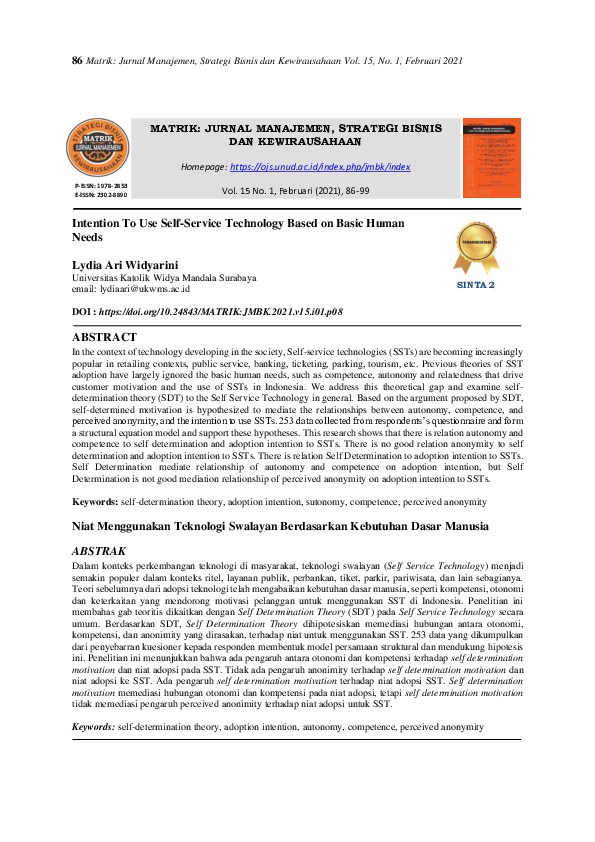 (PDF) Intention to Use Self-Service Technology Based on Basic Human Needs | Lydia Ari Widyarini ...