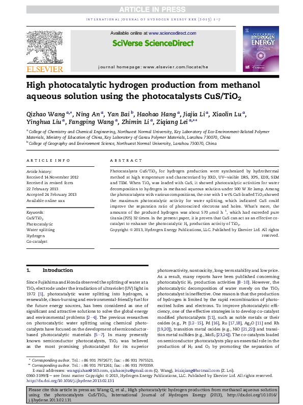 (PDF) High photocatalytic hydrogen production from methanol aqueous ...