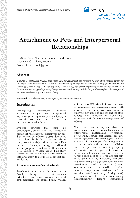 (PDF) Attachment to pets and interpersonal relationships