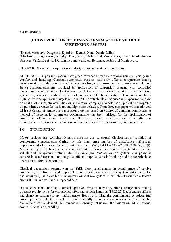 (PDF) A CONTRIBUTION TO DESIGN OF SEMIACTIVE VEHICLE SUSPENSION SYSTEM