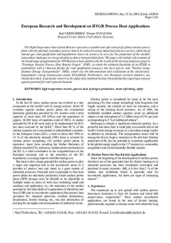 (PDF) European Research and Development on HTGR Process Heat Applications