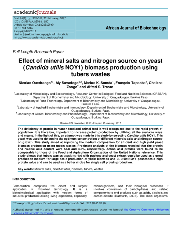 (PDF) Effect of mineral salts and nitrogen source on yeast (Candida ...
