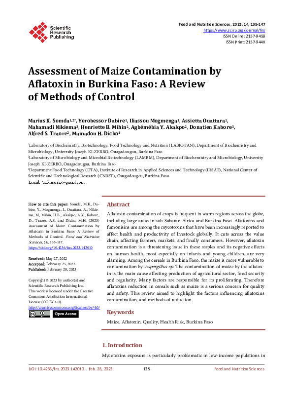 (PDF) Assessment of Maize Contamination by Aflatoxin in Burkina Faso: A Review of Methods of Control