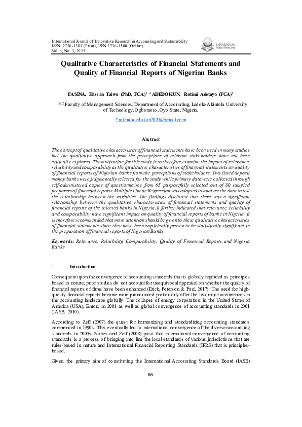 (PDF) Qualitative Characteristics of Financial Statements and Quality ...