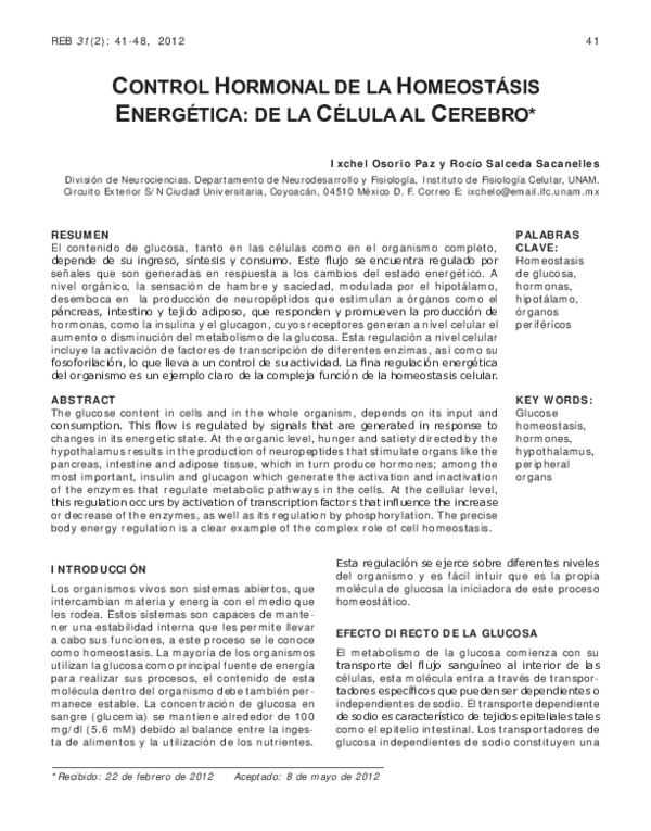(PDF) Control hormonal de la homeostásis energética: de la célula al ...